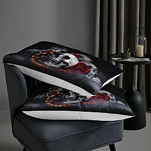 AILONEN Skull Decor Bedding Set Queen Size, Snake Entwined Skeleton 3D Print Halloween Comforter Set,Red Rose Smoky Fog Style Black Tint Soft Breathable Duvet Set 3 Pieces, 1 Quilt and 2 Pillowcases