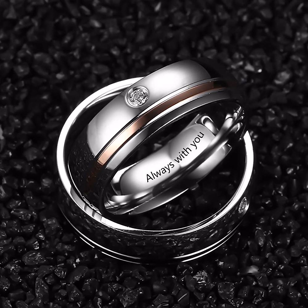 Ashleymade Personalized Couples Rings Set for Him and Her Promise Rings for Couples Free Engraving Stainless Steel Engagement Rings for Couples Valentines Day Jewelry (Ring set)