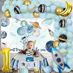 First Trip Around The Sun Birthday Party Decoration, Outer Space 1st Birthday Backdrop One Highchair Banner Cake Topper Dusty Blue Balloons Arch Kit Moon Number 1 Rocket Foil Balloon