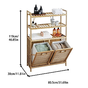 Baveke Tilt Out Laundry Hamper, Bamboo Hamper with 2 Removable Bags, Pull Out Laundry Hamper Cabinet, Bathroom Storage Shelf for Laundry Room, Living Room, Bedroom (3-Tier, Natural)