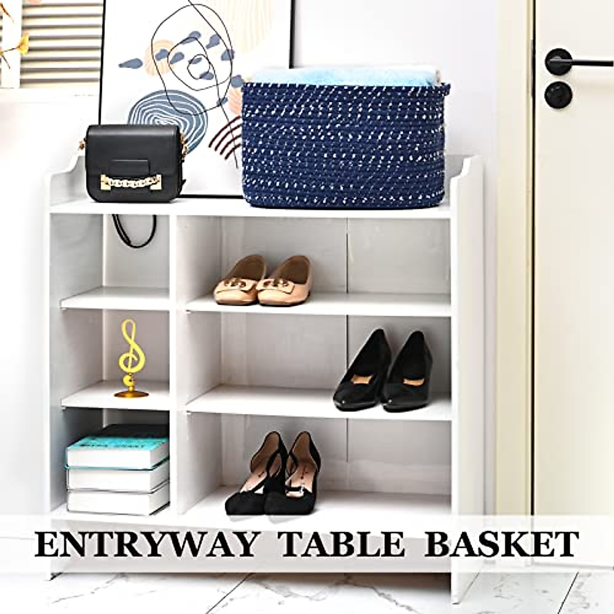 HOMHOLDON Cotton Rope Storage Baskets for Organizing, 15"x10"x9" Set of 1 Woven Basket for Storage, Shelf Basket Cube Storage Bins for Bathroom,Bedroom,Living Room,Laundry,Nursery Room,Clothes,Towels,Toys,Blanket(Spotted Blue)