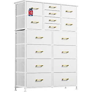 YILQQPER Tall Dresser for Bedroom,16 Drawer Dressers & Chests of Drawers, White Fabric Bedroom Dresser with Wood Top, Metal Frame, Tall Storage Tower for Closet Entryway, White