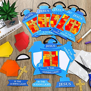 Lunmon 24 Sets Religious Crafts for Kids Bulk Jesus Lights The Way Tissue Acetate Sign Kit DIY Oil Lamp Tissue Paper Craft with Jesus Light Cutouts Tissue Paper Cross for Sunday School Fun Home Church