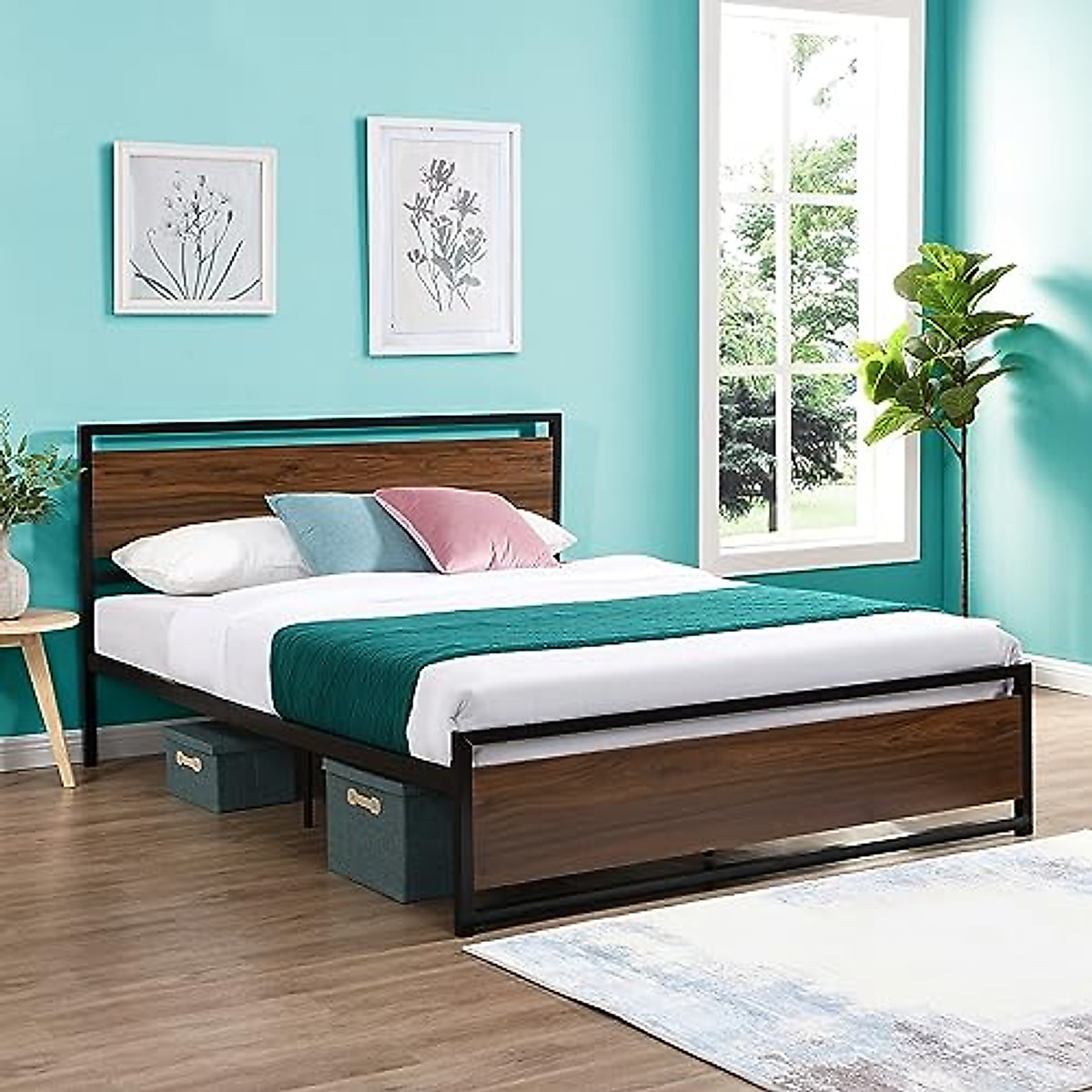 HAUSHECK Queen Size Platform Bed Frame, Industrial Stlye Bed Frames w/Headboard & Footboard, Metal Bedframe No Box Spring Needed w/Strong Steel Slat Support Mattress Foundation for Teen, Adults