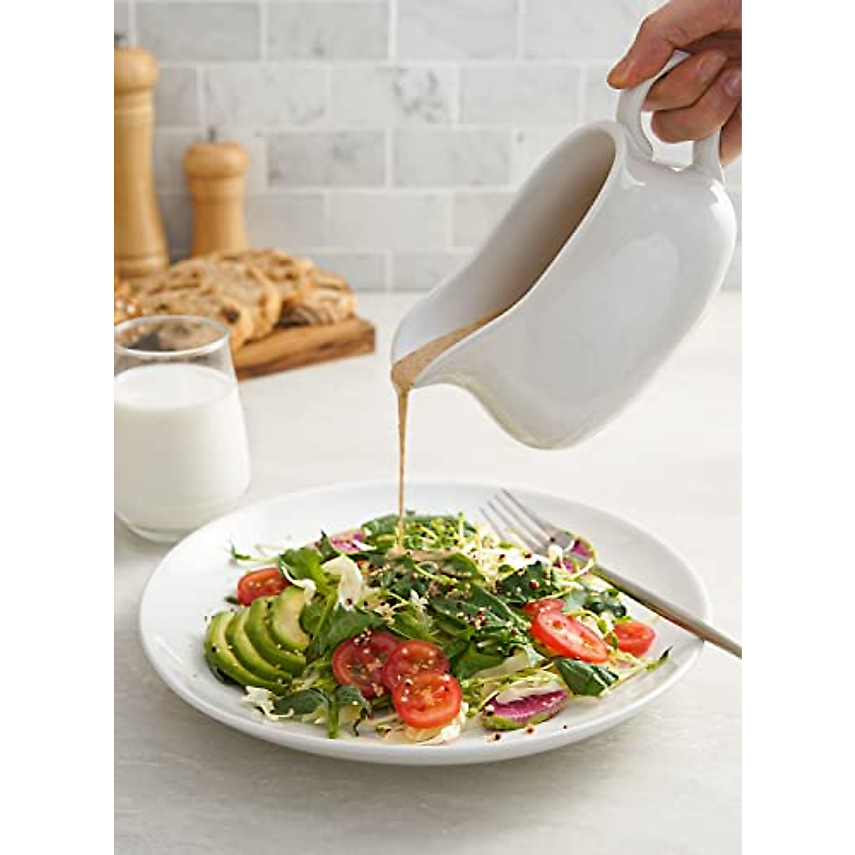 LE TAUCI 17oz Gravy Boat with Saucer Stand, Set of 2, Ceramic Sauce Boat with Tray for Salad Dressings, Creamer, Broth, Black Pepper, White