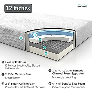 JOYRIDE SLEEP Memory Foam Mattress,12 Inch,Infused Bamboo Charcoal,Cooling Gel Infused, Medium Firm,Pressure Relief,Bed in a Box (King Size)