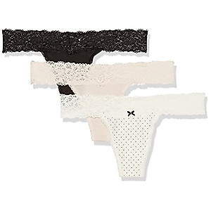 Maidenform Underwear Pack, All-Over Lace Thong Panties for Women, 3-Pack, Sandshell/Black/Pearl Dot Print