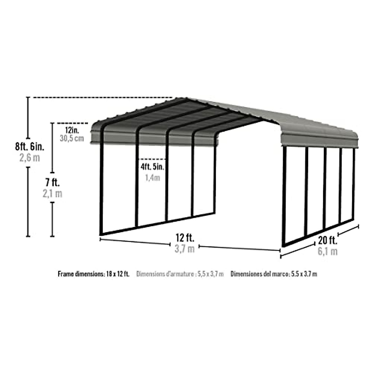 Arrow Shed 12 x 20 x 7-Foot Heavy Duty Galvanized Steel Metal Multi-Use Shelter, Shade, Carport, 12' x 20' x 7', Charcoal color