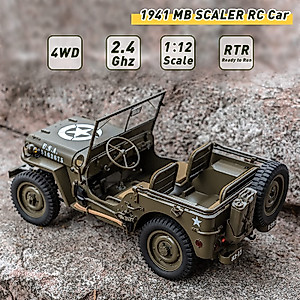 WOWRC RocHobby 1/12 1941 MB Scaler RC Jeep, 4x4 Hobby Grade RTR RC Car Mini RC Rock Crawler Military, 2.4Ghz RC Truck with 180 Brushed Motor, LED Lights, Battery and USB Charger for Adults