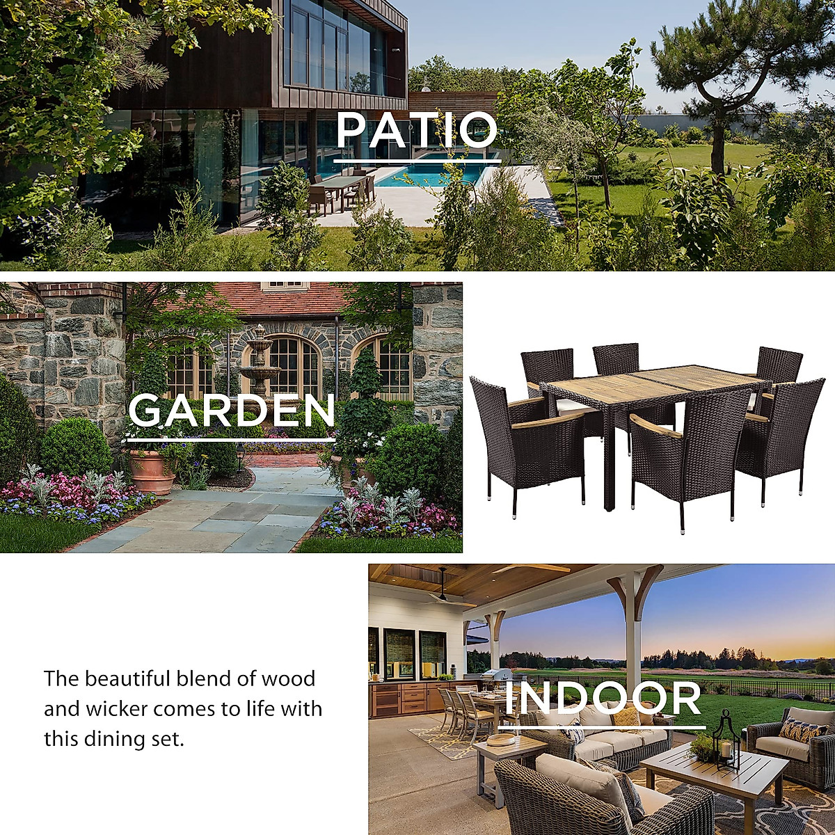 LZ LEISURE ZONE Patio Furniture Set, 7 Piece Outdoor Dining Table Set, Wicker Rattan Dining Table and Chairs Set, Patio Conversation Set with Cushions, Brown+Beige