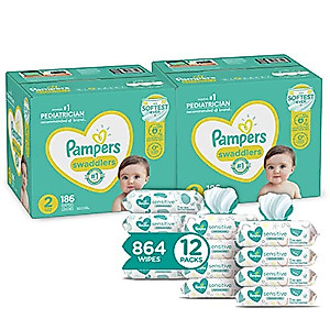 Pampers Baby Diapers and Wipes 2 Month Supply - Two Swaddlers Disposable Baby Diapers Sizes 2, 186 Count with Sensitive Water-Based Baby Wipes, 864 Count