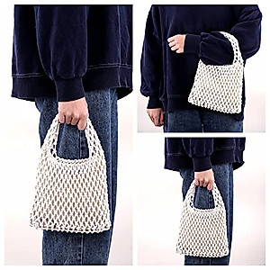 Ayliss Women Mini Clutch Handbag Tote Cotton Crochet Bucket Top-handle Drawstring Beach Woven Fishing Net Pouch Purse (Ivory)