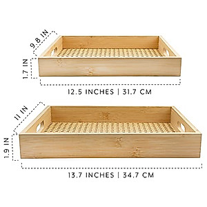 AuldHome Ottoman Rattan Breakfast Trays (Set of 2); Basket Serving Trays with Wooden Fram for Serving Guests, Coffee Break, Breakfast and More