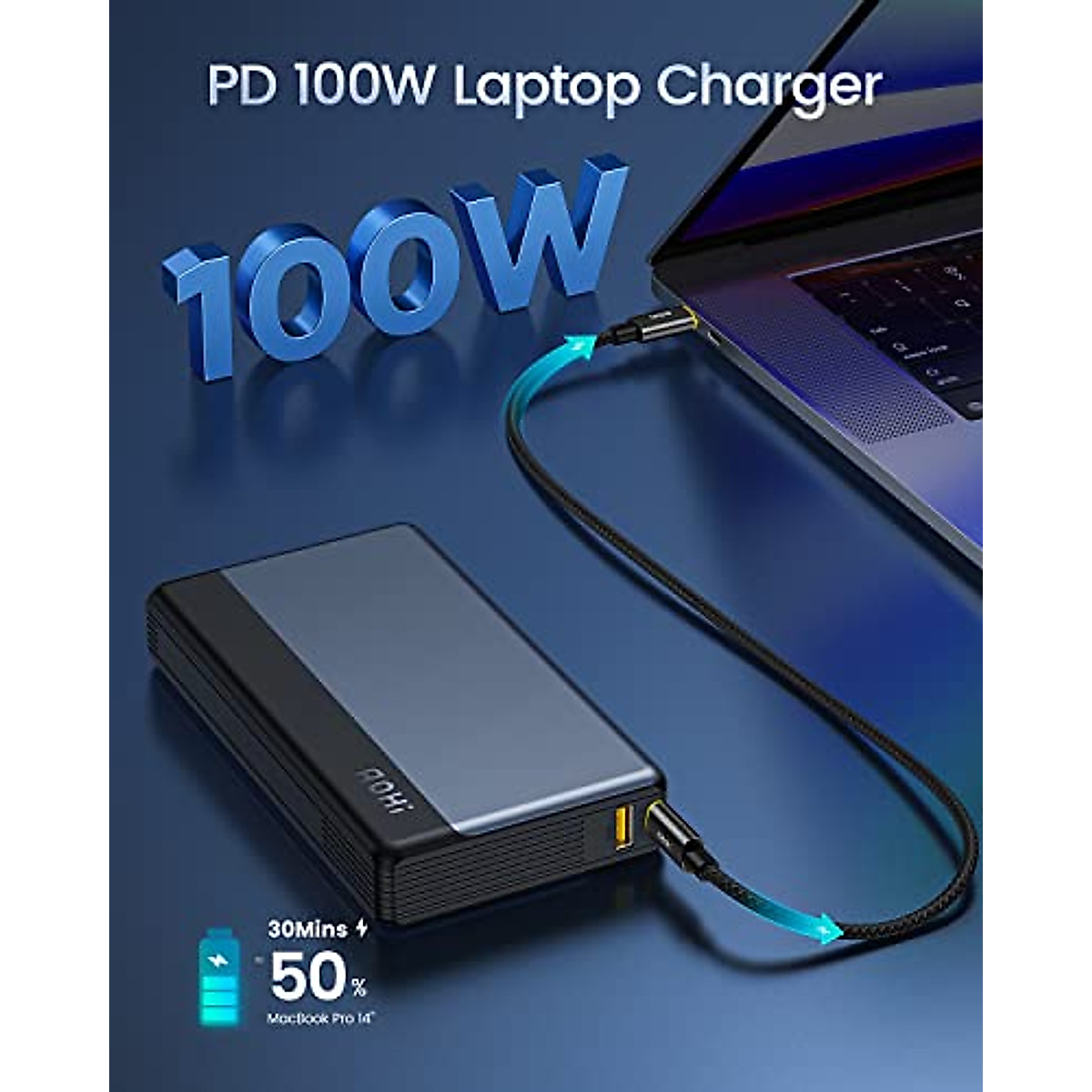 AOHI Laptop Power Bank, 100W 30000mAh USB C Portable Laptop Charger, PD3.0 Fast Charging Phone Laptop Charger Battery Pack for MacBook Pro/Air, XPS, iPad Pro, iPhone 14/13/12, Galaxy, Switch, Black