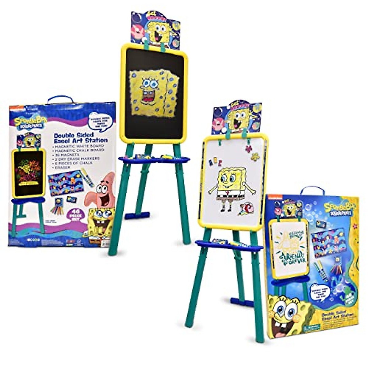 Spongebob Standing Art Easel for Kids, Toddler Drawing Dry Erase Magnetic Whiteboard, Chalkboard, Accessories and Number 1 in Service Tissue Pack (47 Pieces)