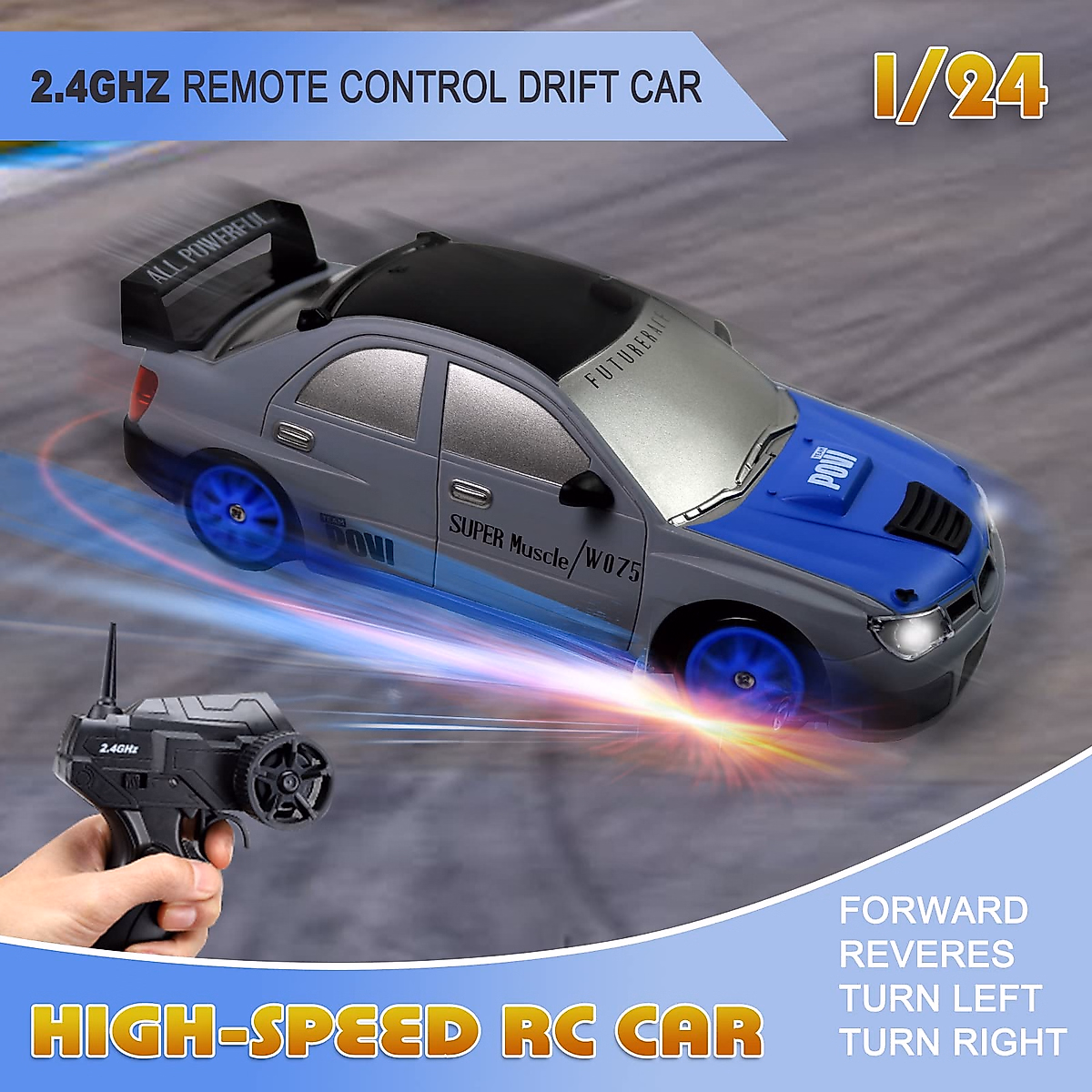 Remote Control Car RC Drift Car 2.4GHz 1:24 Scale 4WD High Speed RC Cars Vehicle with LED Lights Batteries and Drifting Tires Racing Sport Toy Cars for Adults Boys Girls Kids Gift