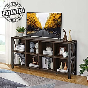 FATORRI 8 Cube Storage Organizer Bookshelf, Rustic Wood Cubby Bookcase, Industrial Horizontal Long Shelf for Living Room (Walnut Brown, 62 Inch)