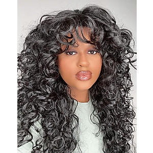 Annivia Curly Wig with Bangs for Black Women Black Kinky Long Curly Wig Synthetic Hair Daily Use Cosplay 17 Inch