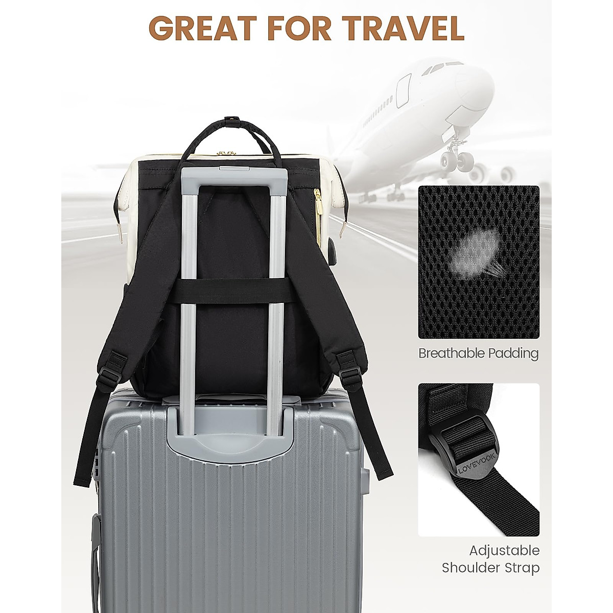 LOVEVOOK Laptop Backpack for Women Fashion Business Computer Backpacks Travel Bags Purse Student Bookbag Teacher Doctor Nurse Work Backpack with USB Port, Fits 17-Inch Laptop Beige-Black