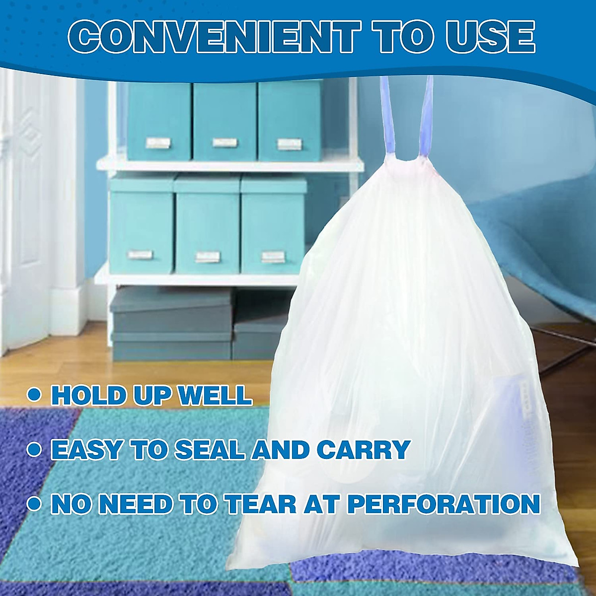 T.FORING 8 Gallon Trash Bags Drawstring 1.2 Mil - 100 Count White Medium Garbage Bags Unscented, 30 Liter Thick Plastic Trash Can Liners for Home Kitchen Bathroom