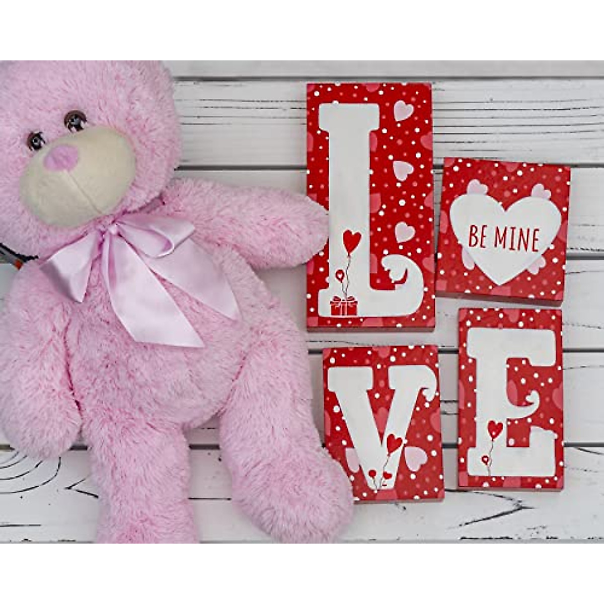 Ornativity Red Wooden Love Blocks - Valentine's Day Romantic Heart Wood Letters Block Decoration Sign with Hearts for Mantel Shelf over Fireplace, Table Top, Home and Office