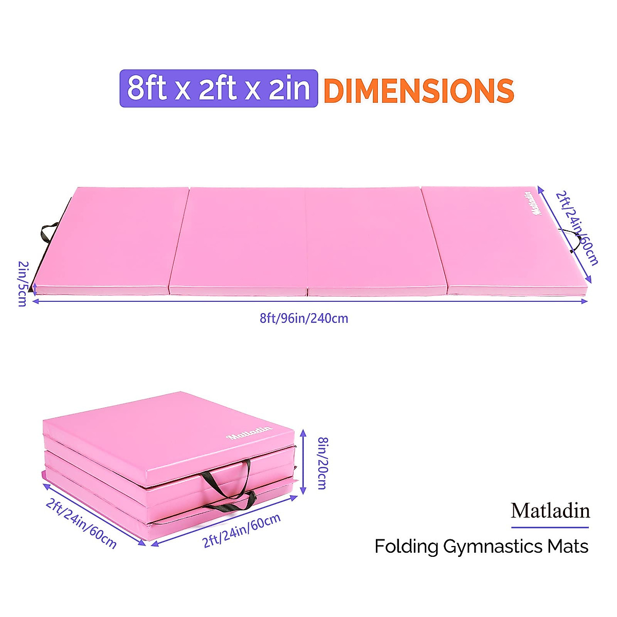 Matladin 8' Folding Gymnastics Gym Exercise Aerobics Mat, 8ft x 2ft x 2in PU Leather Tumbling Mats for Stretching Yoga Cheerleading Martial Arts (Pink)
