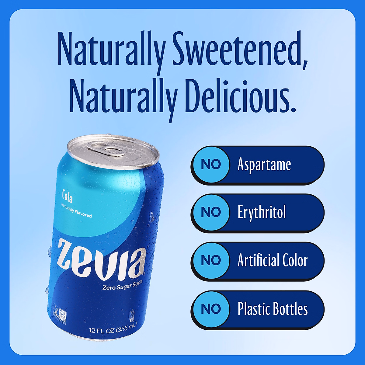 Zevia Zero Sugar Soda, Cola, 12 oz Cans (24-Pack) – Naturally Sweetened, Zero Calorie Sugar Free Soda - Non-GMO Project Verified, Gluten-Free, Vegan