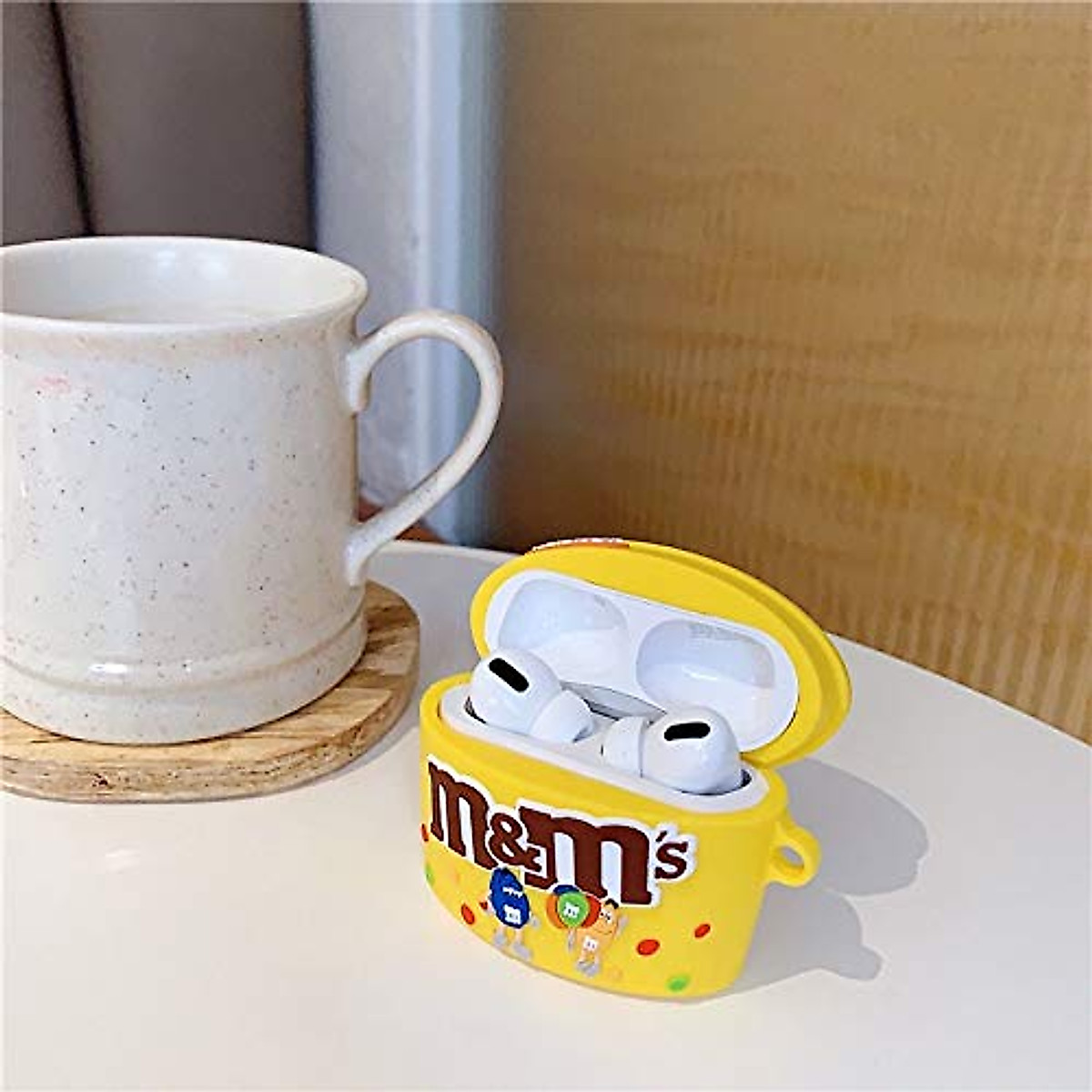 Cute Silicone Yellow M Beans Chocolate Peanut Case Compatible withAirpods Pro Headphones Cover with a Cute Yellow M Bean Keychian for Girls