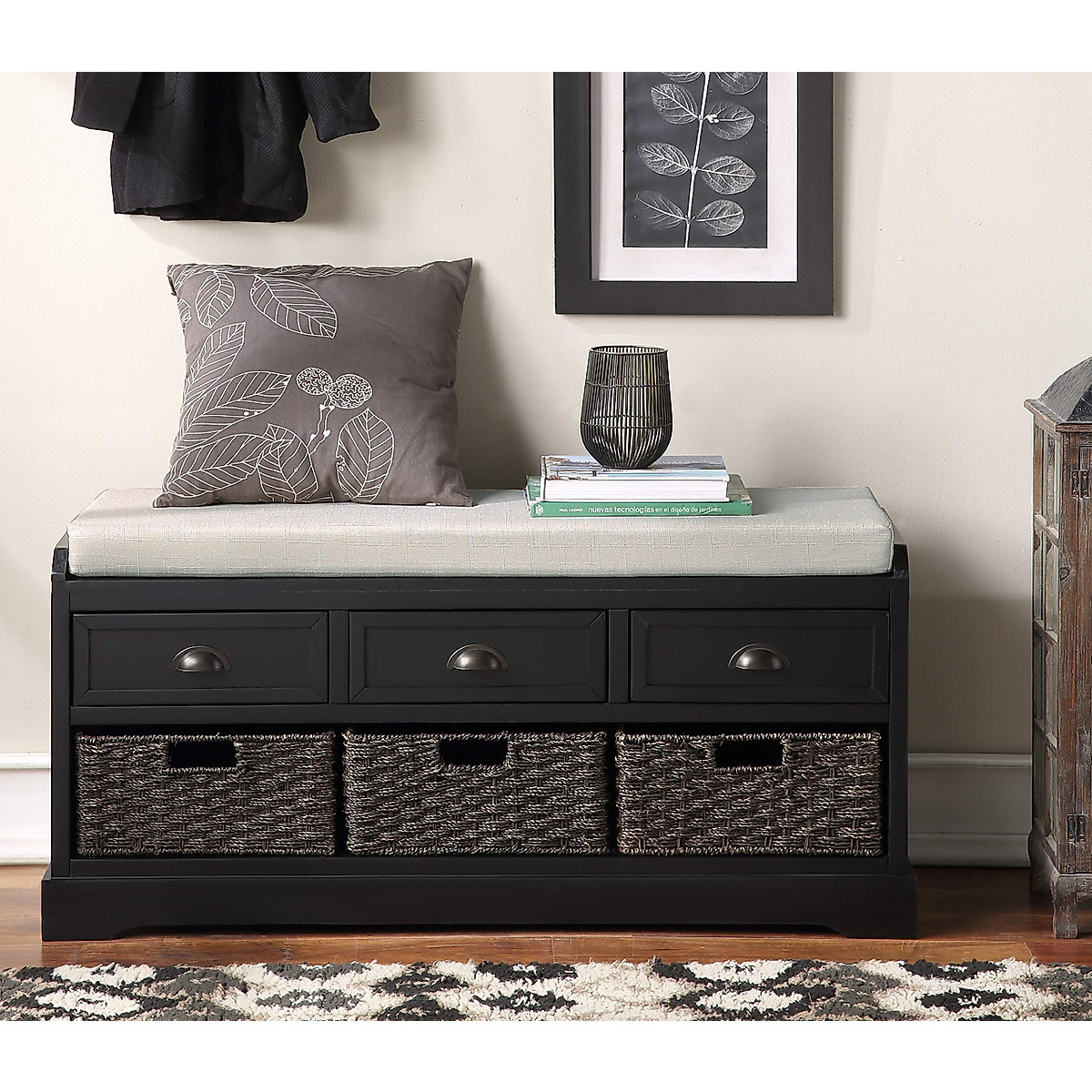 SOFTSEA Wood Storage Bench with Cushion, 3 Drawers and 3 Rattan Baskets for Entryway, Hallway, Living Room (Black)