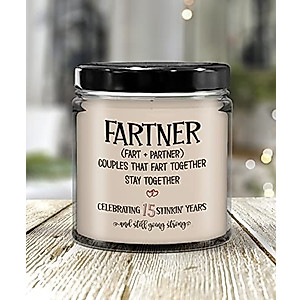 The Improper Mug Fartner 15 Years Anniversary Candle for Husband from Wife Couples Funny Fifteen Yr Together 15th Wedding Fart Jokes 9 Oz. Vanilla Scented Soy Wax for