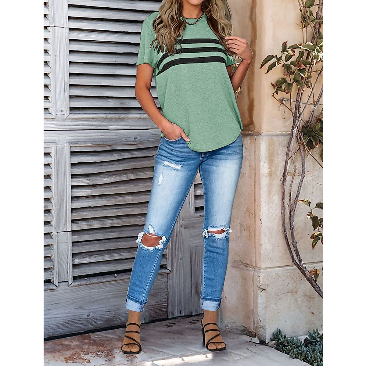 LEANI Women’s Short Sleeve T Shirts Crewneck Striped Color Block Tunic Tops Loose Casual Summer Tee Green L
