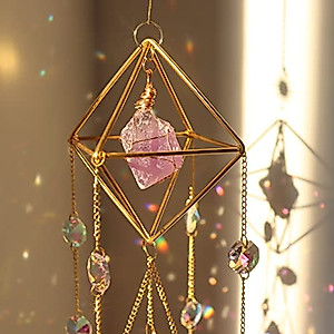 Amethyst Crystal Suncatcher - Hanging Gold Plated Garden Sun Catcher for Windows, Healing Amethyst Crystal Decor for Home, Gift for Christmas Birthday Valentine Mothers Day