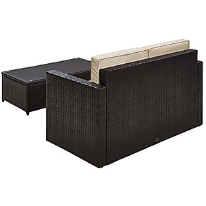 Crosley Furniture Palm Harbor 2-Piece Wicker Outdoor Coffee Table and Loveseat Patio Furniture Set for Porch, Brown with Sand Cushions