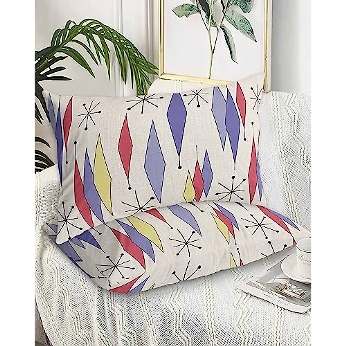 Edwiinsa Purple Red Yellow Pillow Covers Standard Size Set of 2 20x26 Bed Pillow, Middle Century Geometry Abstract Art Burlap Plush Soft Comfort for Hair/Skin Cooling Pillowcases with Envelop Closure