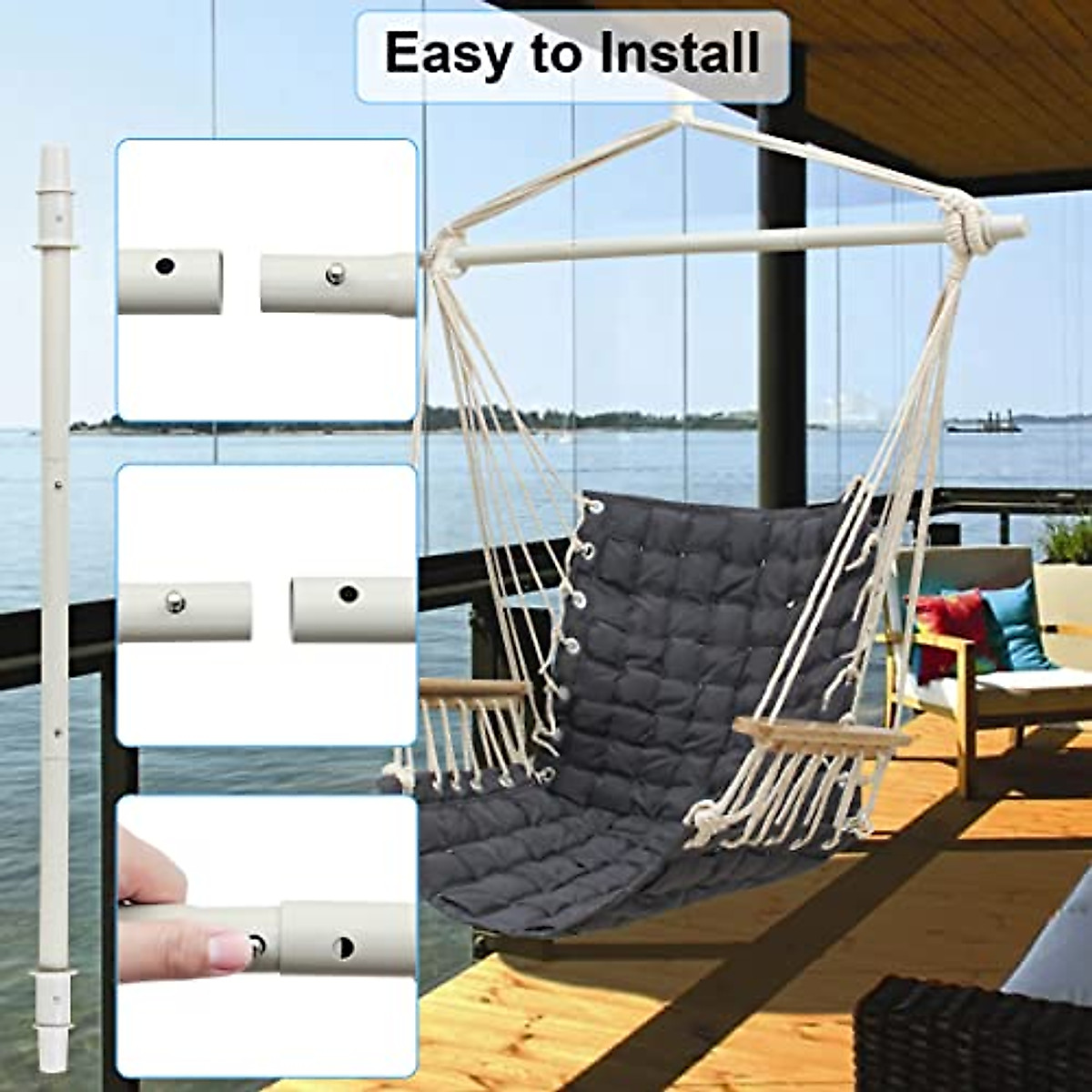 ROOITY Hammock Chair Hanging Swing with Wooden Armrests;Steel Spreader Bar and Anti-Slip Rings;Cotton Woven Fabric;Up to 300 Lbs for Bedroom,Patio,Porch,Deck-Indoor Outdoor Grey