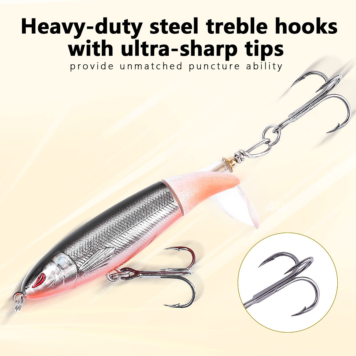 6Pcs Bass Fishing Lures, Whopper Popper Lure, Floating Surface Hard Swimbait with Rotating Tails, Lifelike Spinner Action Lures with Heavy Duty Hooks