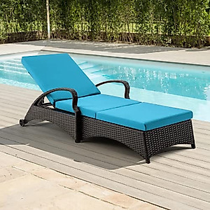 RYNSTO Patio Chaise Lounge 2 Sets with 5 Backrest Angles, Single Adjustable Patio Wicker Lounge Chair with Water Repellent Cushion and Wheels for Poolside Backyard Deck Porch Garden, Blue