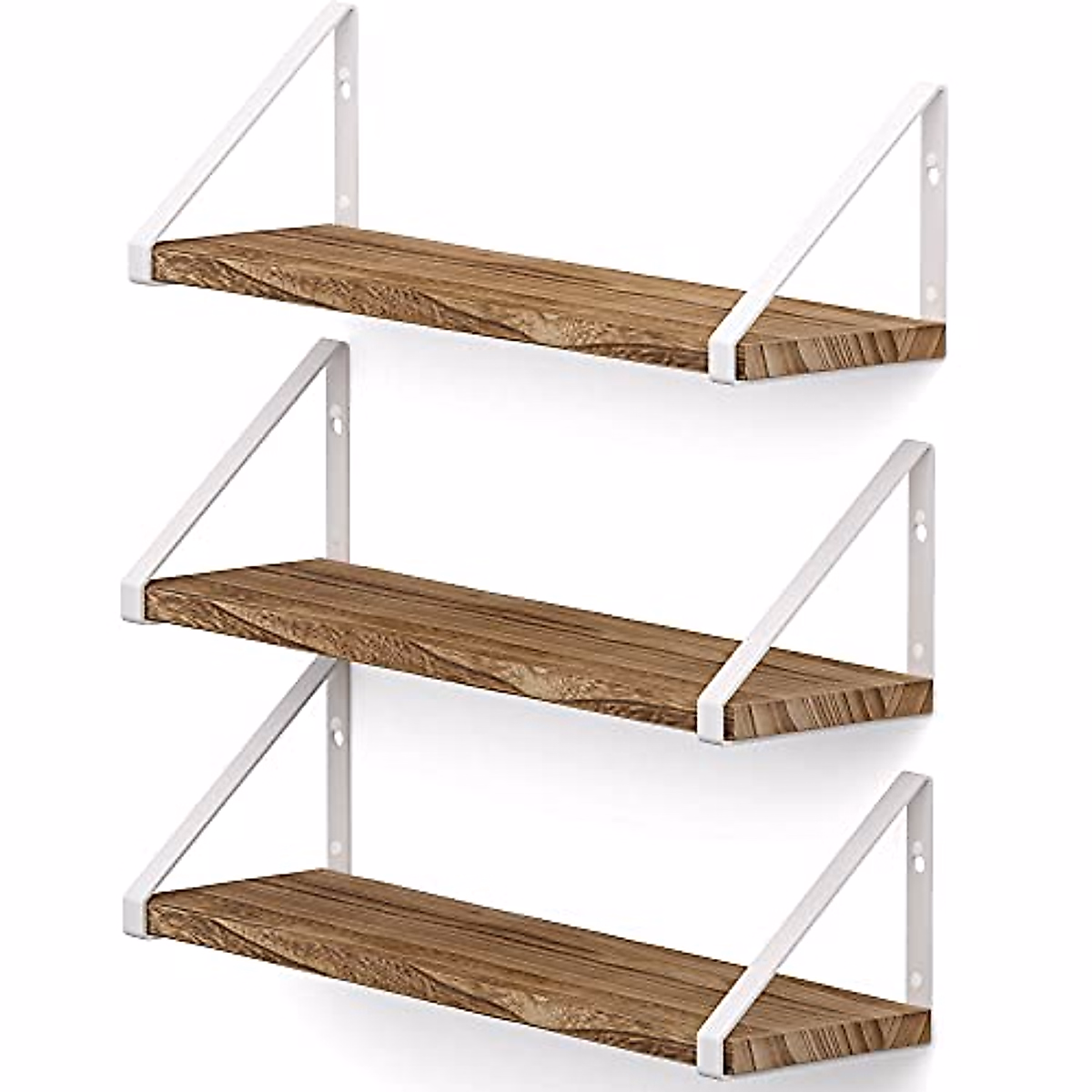 Wallniture Ponza Floating Shelves for Wall Bathroom Shelves Wall Mounted Set of 3, Burned Finish Wood Shelves with White Shelf Brackets