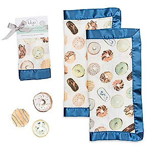 lulujo Baby Security Lovey Blankets| Unisex Softest Breathable Bamboo Viscose Cotton Muslin Security Blanket with Silky Satin Trim| Neutral Comforting Blanket for Girls & Boys | 16in by 16 in| Donuts