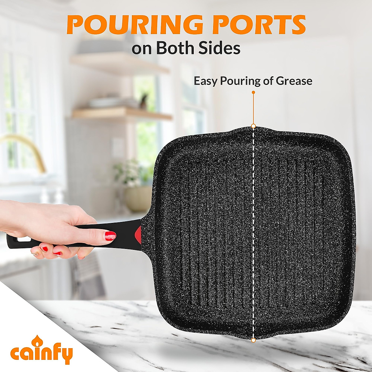 11 Inch Non Stick Grill Pan Granite Coated with Pour Spout - Lightweight 2.66 Quart Grill Pan for Indoor Cooking with Grip Handle - Induction Compatible PFOA Free Stove Top Grill (Black)