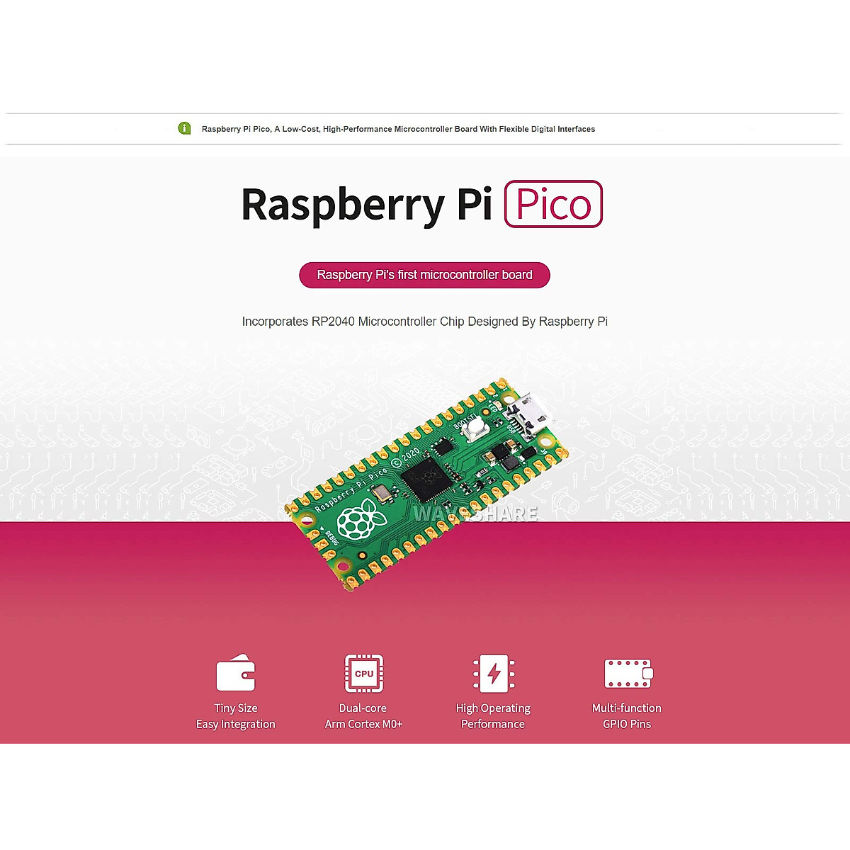 waveshare Raspberry Pi Pico Microcontroller Board Starter kit,Based on RP2040 Chip, Dual-core Arm Cortex M0+ Processor,Flexible Clock Running up to 133 MHz,Low-Cost, High-Performance