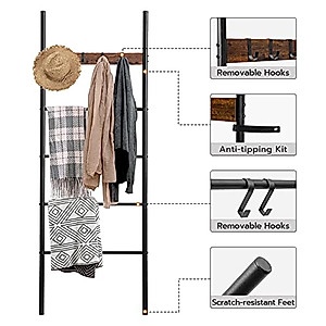 HOOBRO Blanket Ladder, 5-Tier Ladder Shelf, Wall-Leaning Rack, Decorative Ladder with 4 Removable Hooks, for Bathroom, Metal Frame, Rustic Brown BF61CJ01