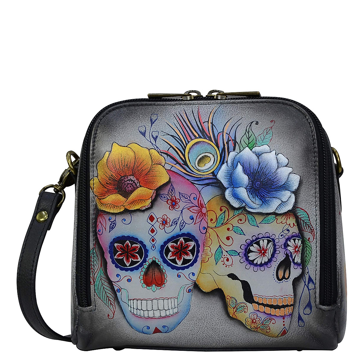 Anuschka Women’s Genuine Leather Zip Around Travel Organizer - Hand Painted Exterior - Calaveras de Azúcar