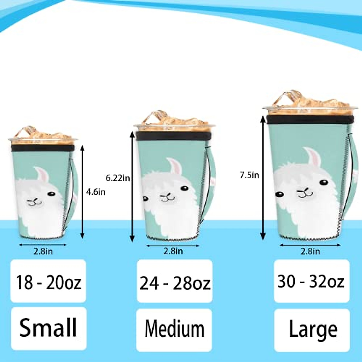 Reusable Iced Coffee Cup Sleeve Kawaii Llama Animal Neoprene Insulated Sleeves Cup Holder with Handle Tumbler Sleeve Insulator Sleeves for Cold Hot Drinks Beverages 32oz