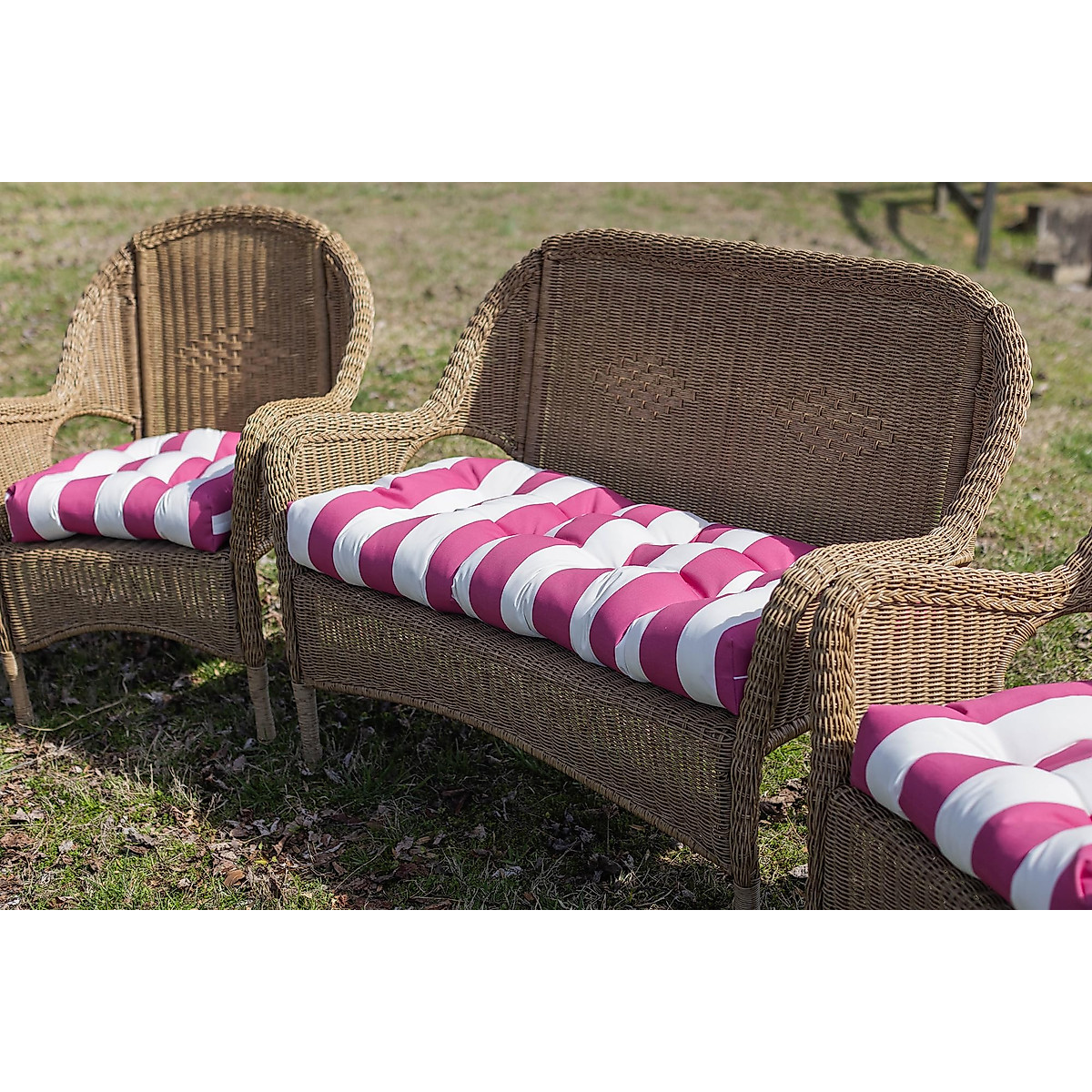 RSH DECOR: 3-Piece Wicker Tufted Cushion Set | 41” x 19" & 19" x 19" | All-Weather Spun Fabric | Water-Resistant | Outdoor Loveseat & U-Shape Cushions for Patio Furniture | Classic Pink Stripe
