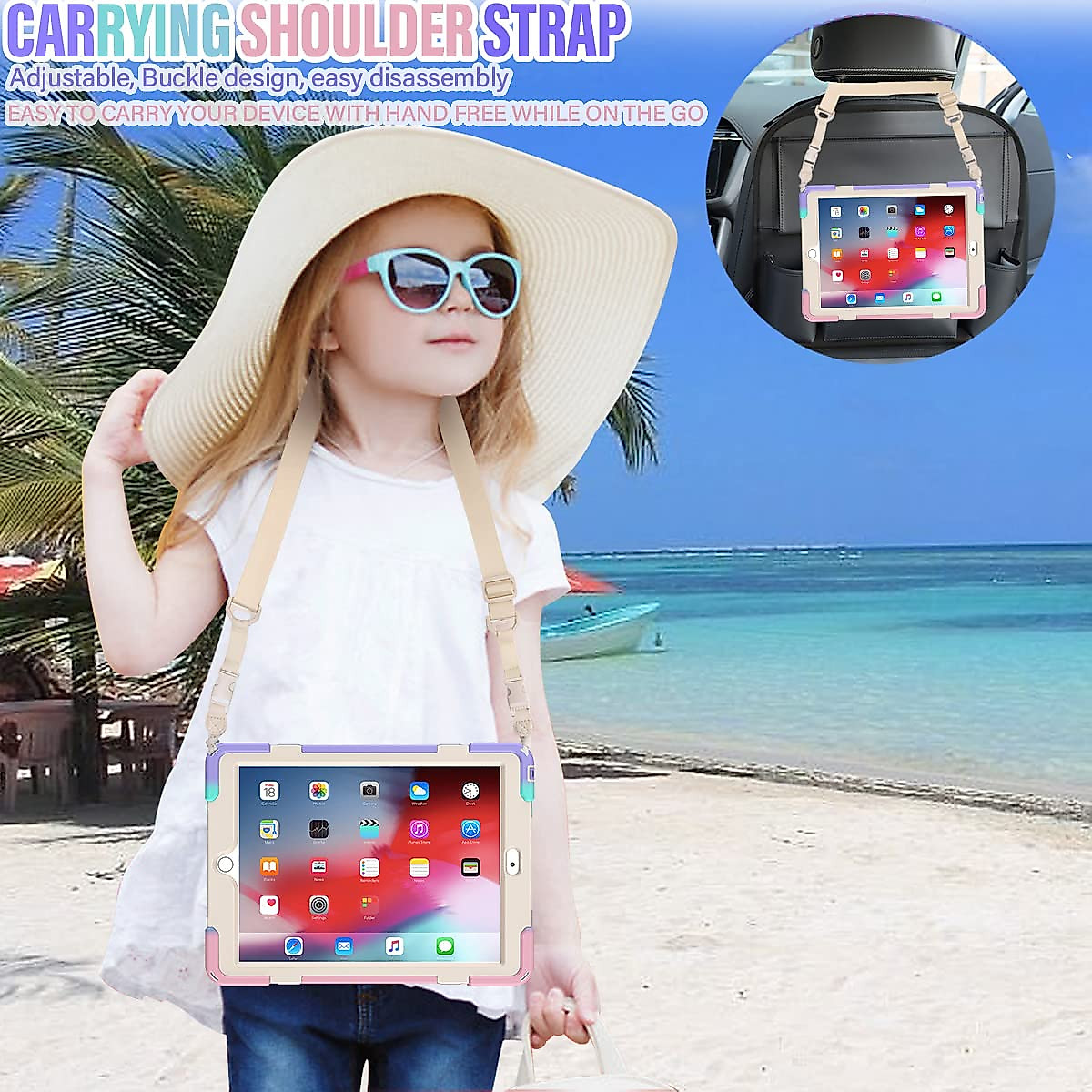 LX-SUNCX for iPad 10.2 Case 9th Generation 2021 / 8th Gen 2020 / 7th 2019,Shockproof Kids Case with Screen Protector,Rotating Stand/Pencil Holder/Shoulder Strap for iPad 10.2 Inch - Colourful Pink