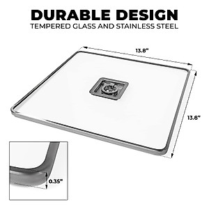 Outland Living Tempered Glass Square Firepit Insert Lid 13.8 x 13.8 x 0.35 Inch - Bracket Set For Storage Inside Fire Table, Stainless Steel Edge Trim - Compatible with Yaletown Model 420 Firetable