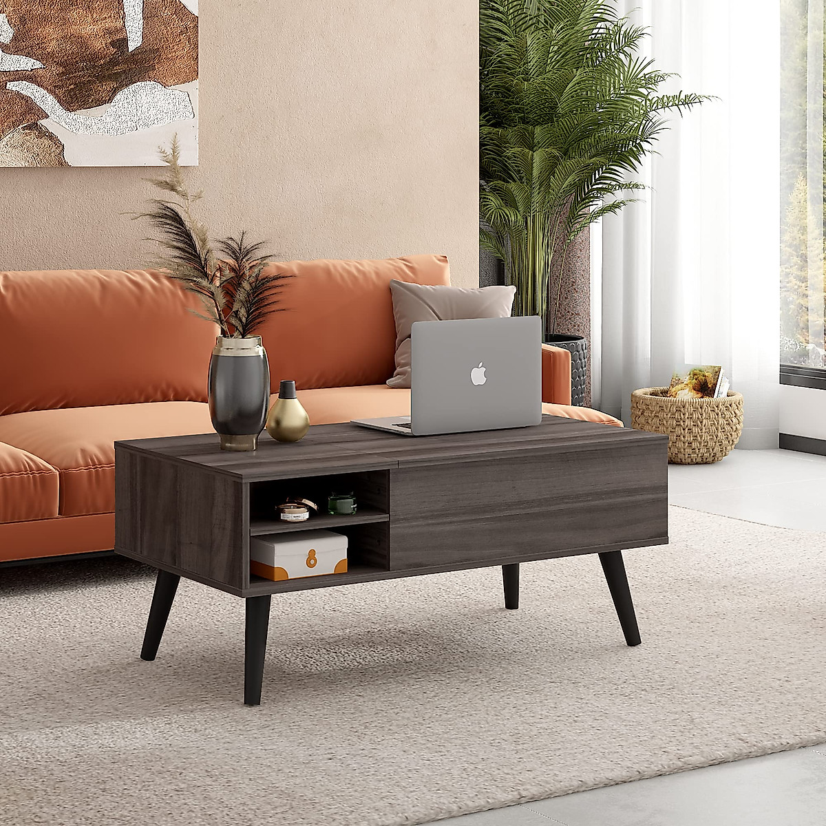 WLIVE Lift Top Coffee Table with Storage for Living Room,Small Hidden Compartment and Adjustable Shelf,Mid Century, Modern ,Wood,Grey