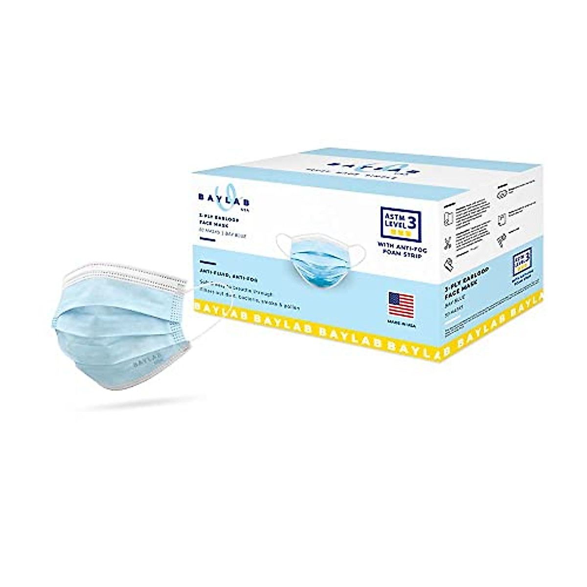 BAYLAB USA ASTM Level 3 Anti-Fog Disposable 3-Layer Face Masks, Bay Blue, Pack of 50