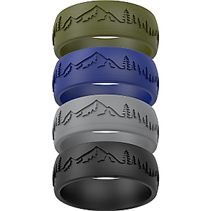 ThunderFit Silicone Wedding Rings for Men, Rubber Engagement Bands 9mm Wide 2mm Thick (Forest and Mountains - Grey A, Black, Dark Blue B, Olive Green - Size 10.5-11 (20.6mm))